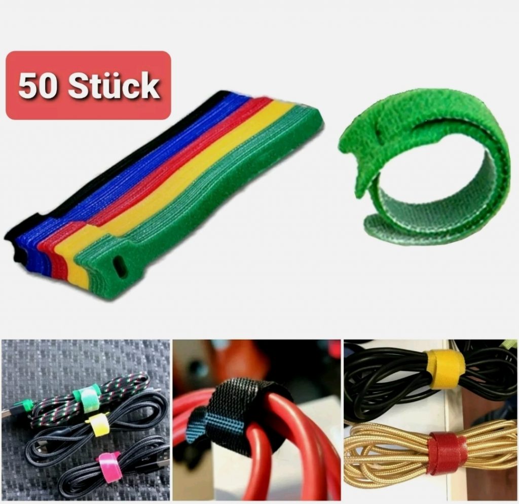 50x Kabelbinder mit Klettverschluss 15x1,2cm Mehrfarbig